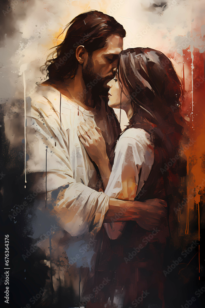 Mary Magdalene and Jesus Christ embracing contemporary modern artwork ...