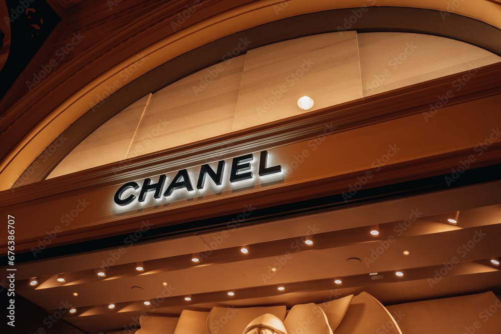 Chanel logotype. Classy luxury boutique showcase. Chanel is a fashion ...