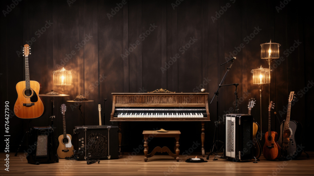 Musical instruments on stage, ready for the gig. Stock Photo | Adobe Stock