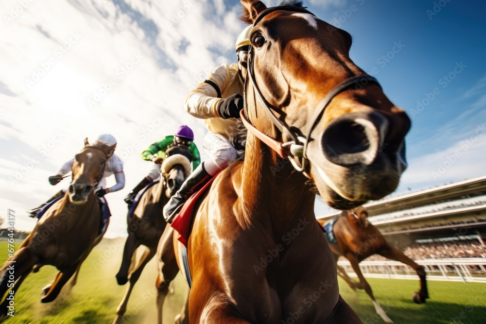 Horse riders compete on horse races for winner place of fastest rider ...