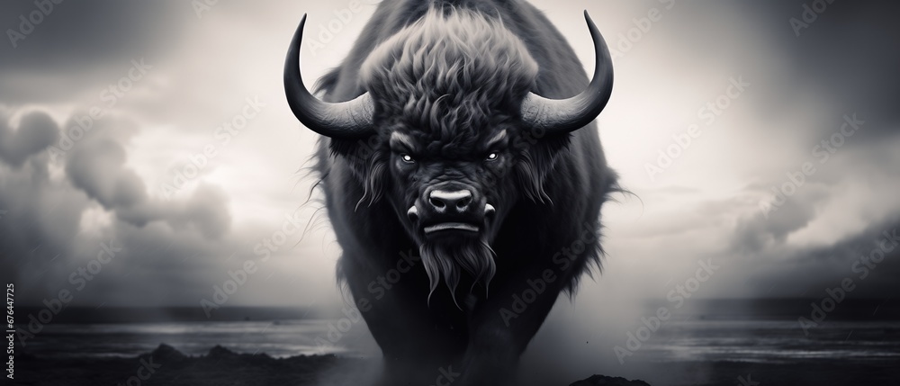 Bison beast roaming the prairie fields, shrouded in dusty fog ...