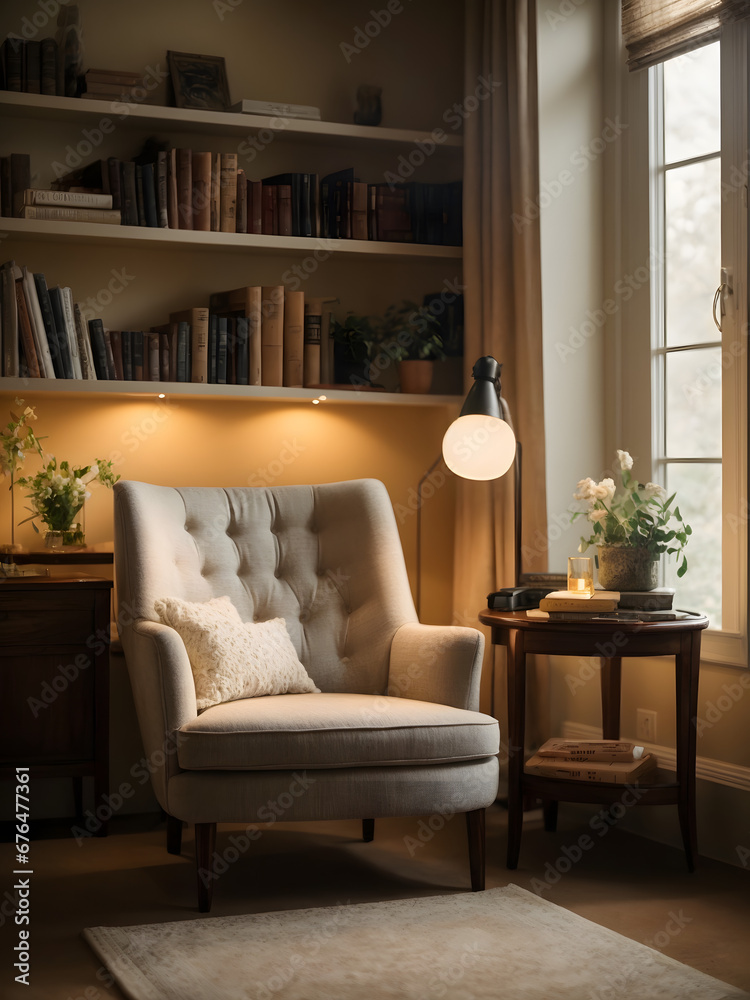 A cozy reading nook in a corner of a well-lit room, featuring a ...