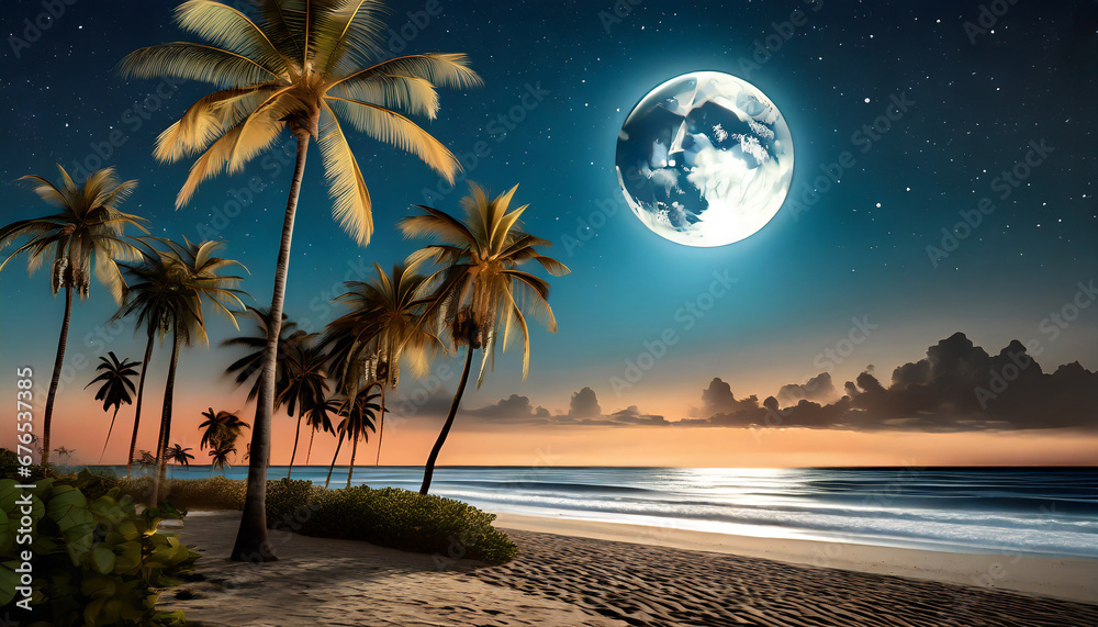 night dramatic landscape dynamic beach scenery palm trees and a moon pc ...