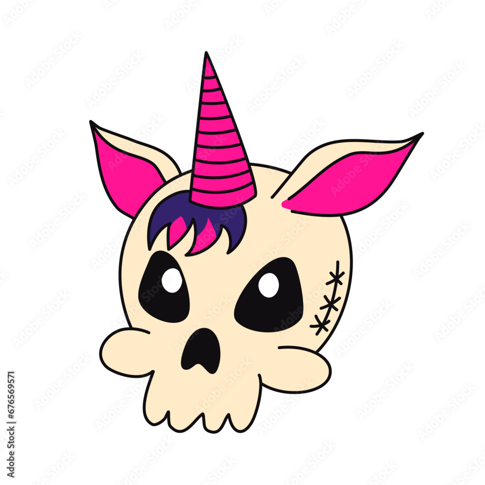 Emo skeleton of unicorn skull. Y2k style. Black subculture. Vector flat ...