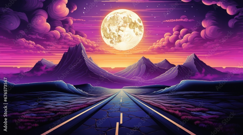 Vibrant digital landscape featuring a neon-lit road under a tremendous ...