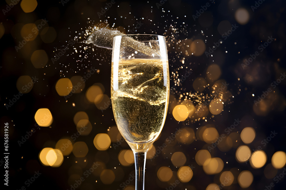 A glass of sparkling champagne, bubbling with effervescence, held up in ...