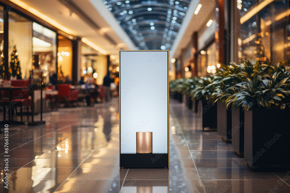 roll up mockup poster stand in an shopping center or mall environment ...
