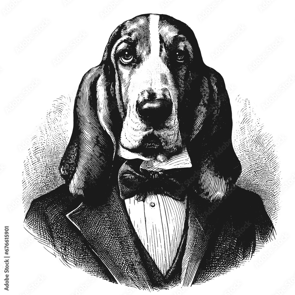 Victorian Basset Hound Portrait. Hand Drawn Engraving Pen and Ink ...