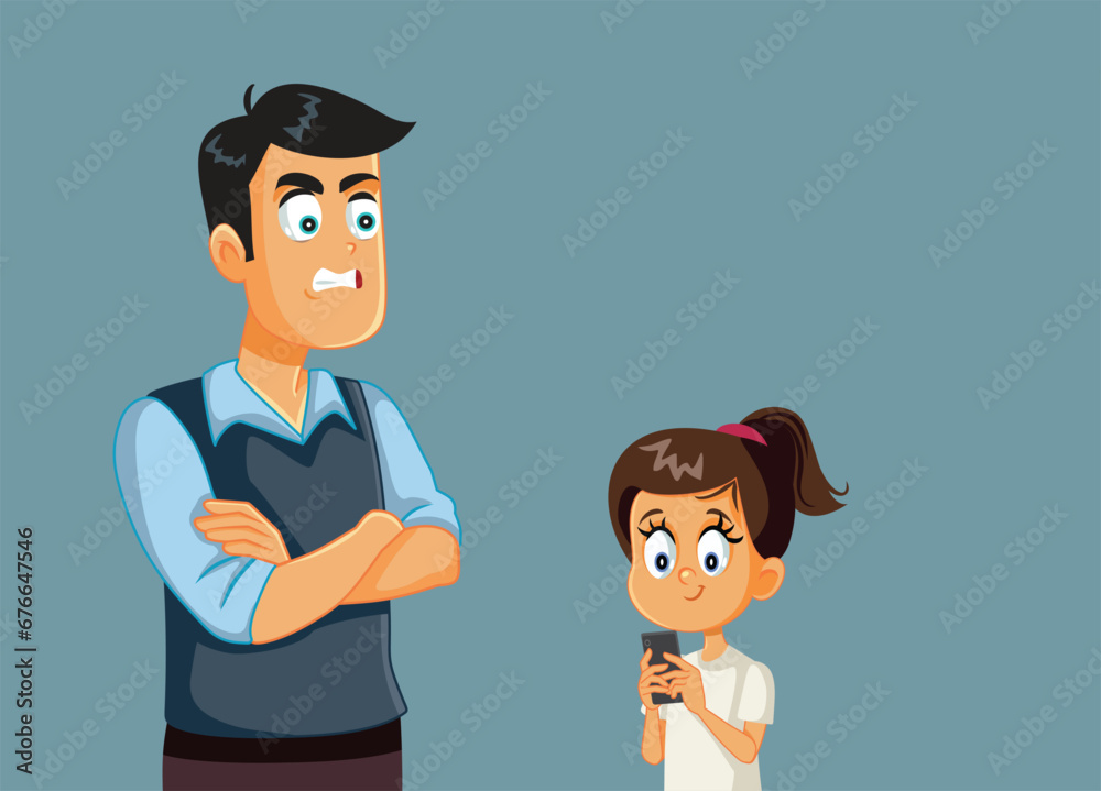 Little Girl Using Smartphone Making her Dad Angry vector Illustration ...