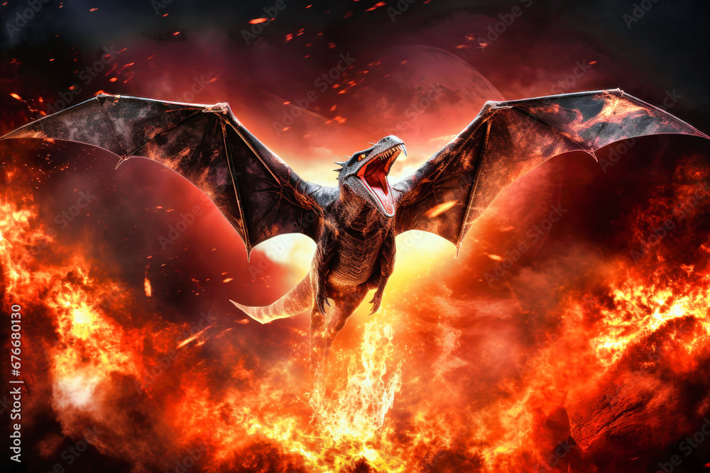 Pterodactyl against a background of fire. Dinosaur. Jurassic period ...