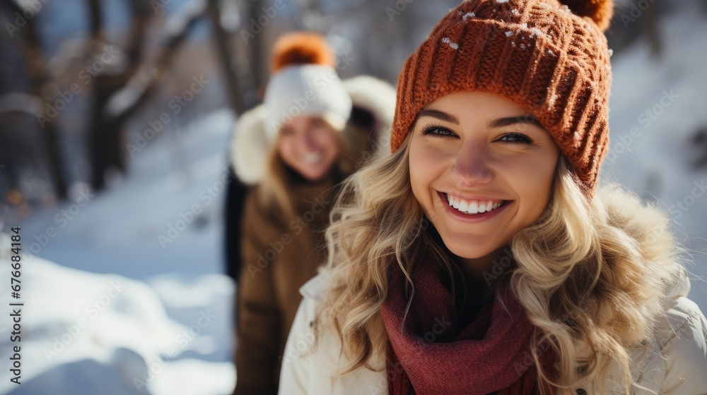 Happy Women Wearing Knit Hats Enjoying, Desktop Wallpaper Backgrounds ...