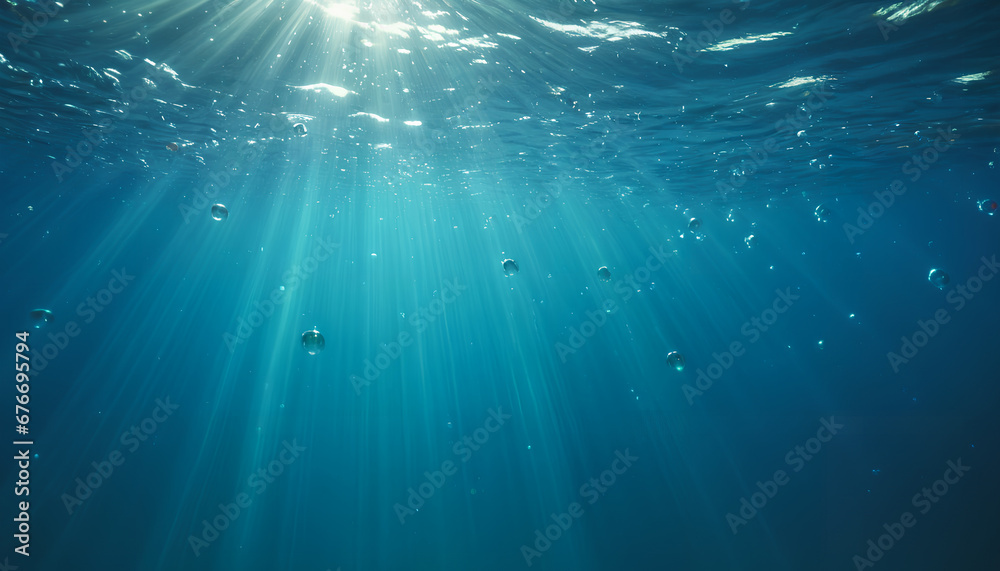 Underwater world. View from beneath the water surface. Bubbles in the ...