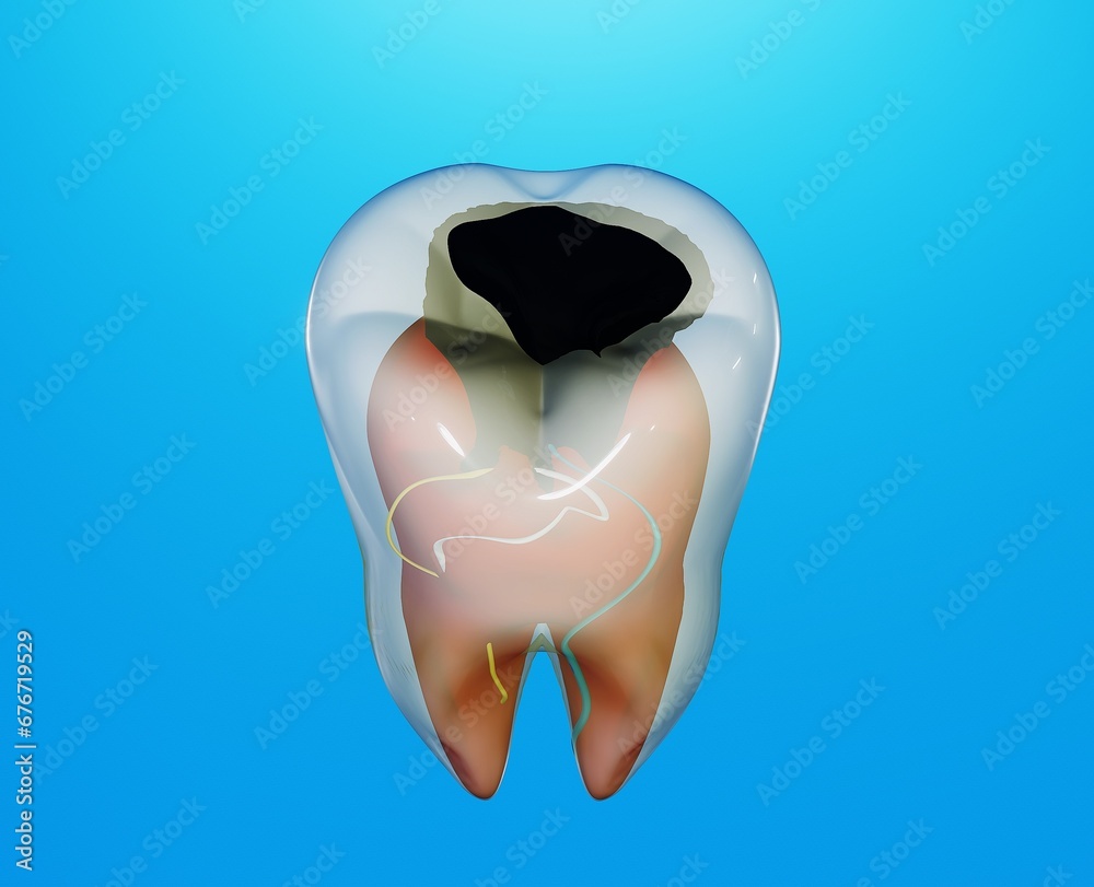 3d illustration of a tooth with caries and nerves. the internal ...