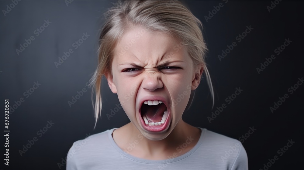 Angry irritated girl. Full of rage. Emotional portrait of an upset ...