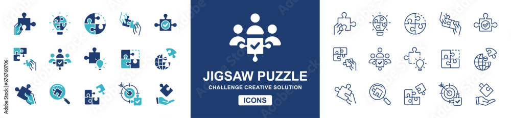 puzzle challenge solution icon set. Teamwork mission problem solving ...