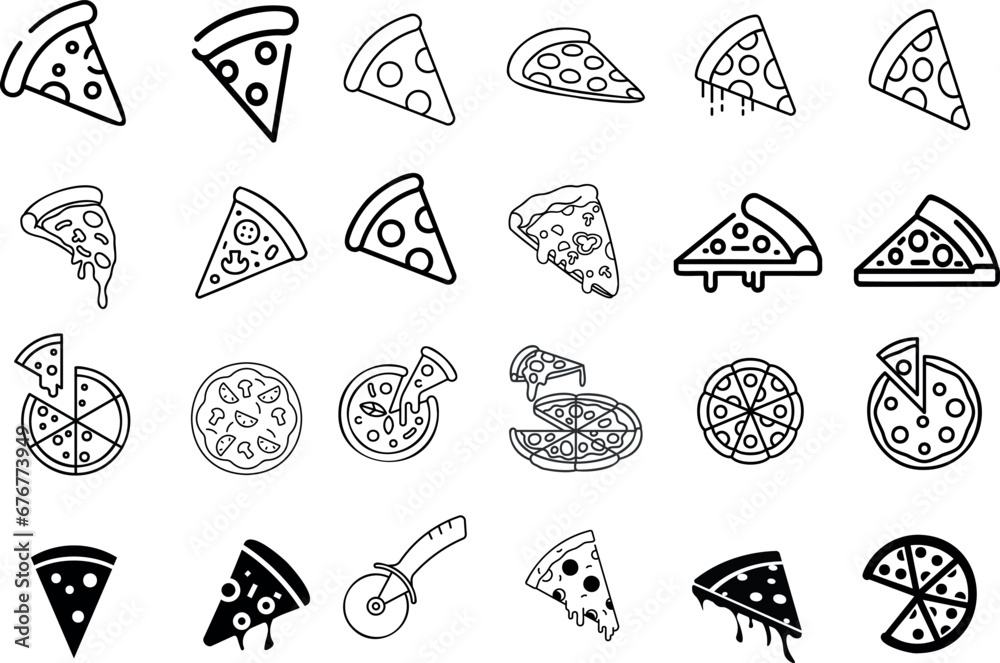 Pizza icons, hand drawn vector illustration, black and white doodle ...