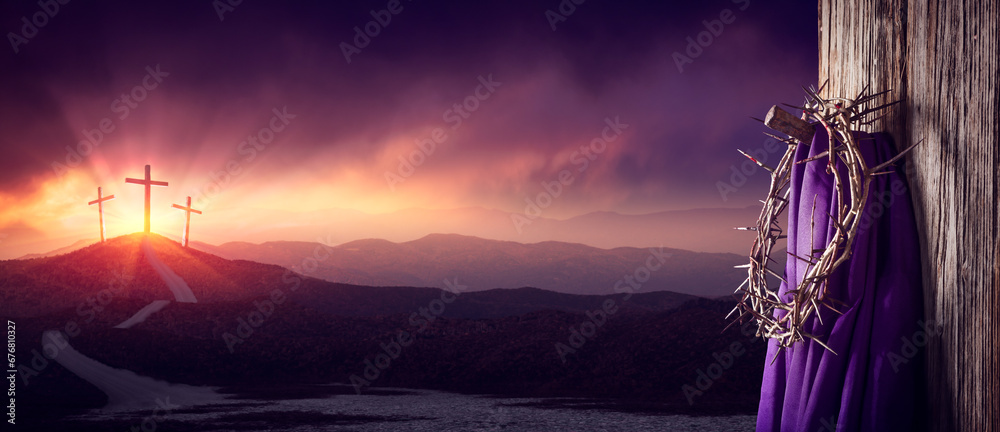 Crown Of Thorns And Purple Robe Hanging On Door Post At Sunrise With ...