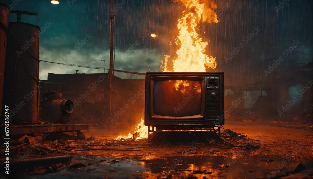 television, tv, fire, flame, abandoned, ruined, ruins, wasteland ...