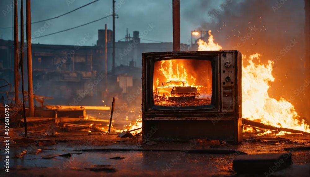 Fotografie television, tv, fire, flame, abandoned, ruined, ruins ...