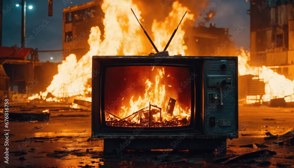 television, tv, fire, flame, abandoned, ruined, ruins, wasteland ...