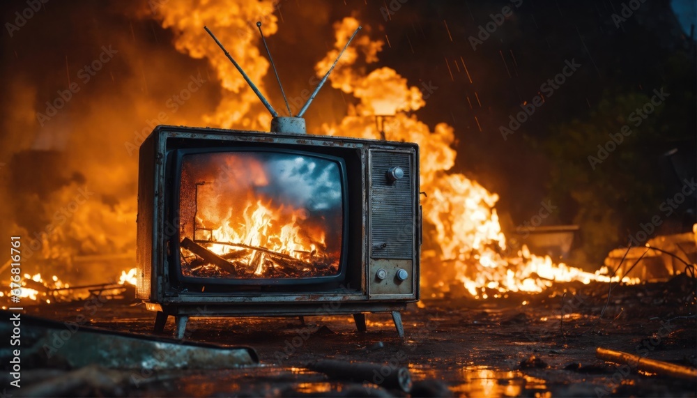 television, tv, fire, flame, abandoned, ruined, ruins, wasteland ...