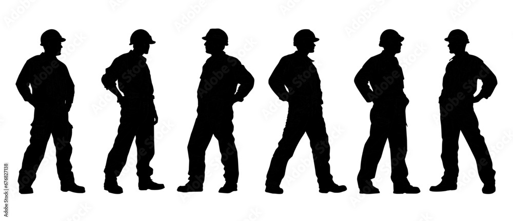 Vector de Stock Construction worker poses, wearing helmet and work ...