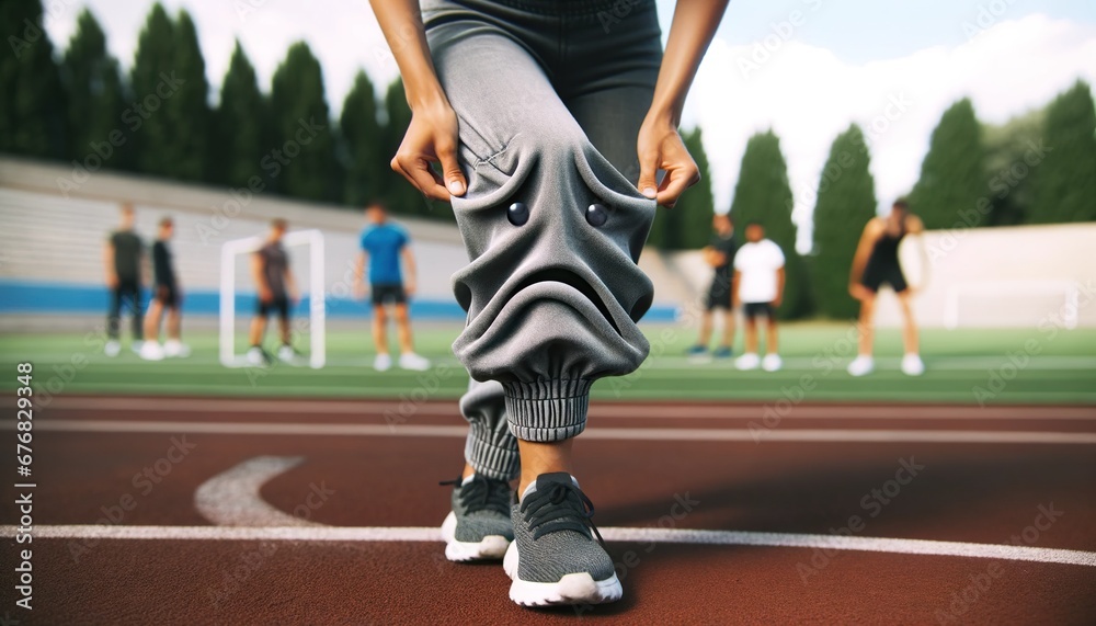 Knee pain personified through skin folds expressing a frown, a unique ...