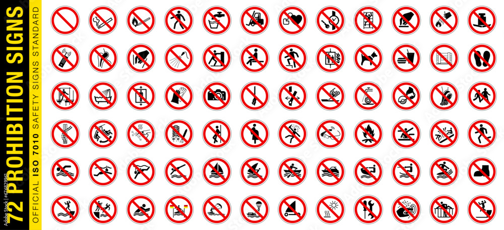 Full set of 72 isolated prohibition symbols on red crossed out circle ...