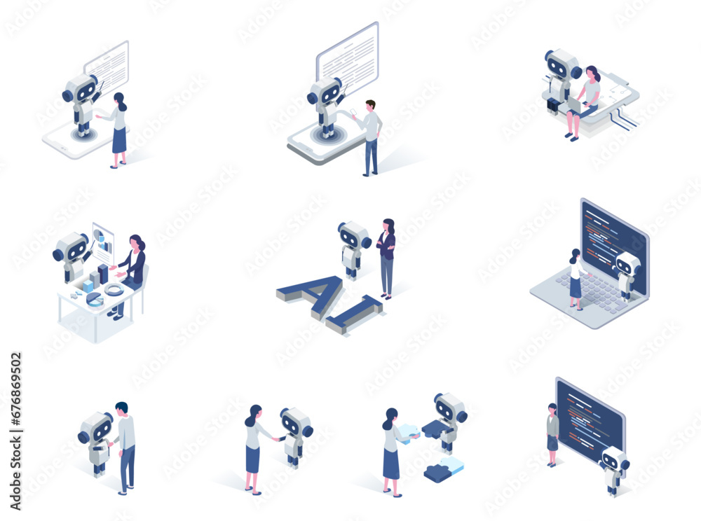 Vector isometric illustration set of Artificial intelligence AI robot with people の Stock ベクター ...