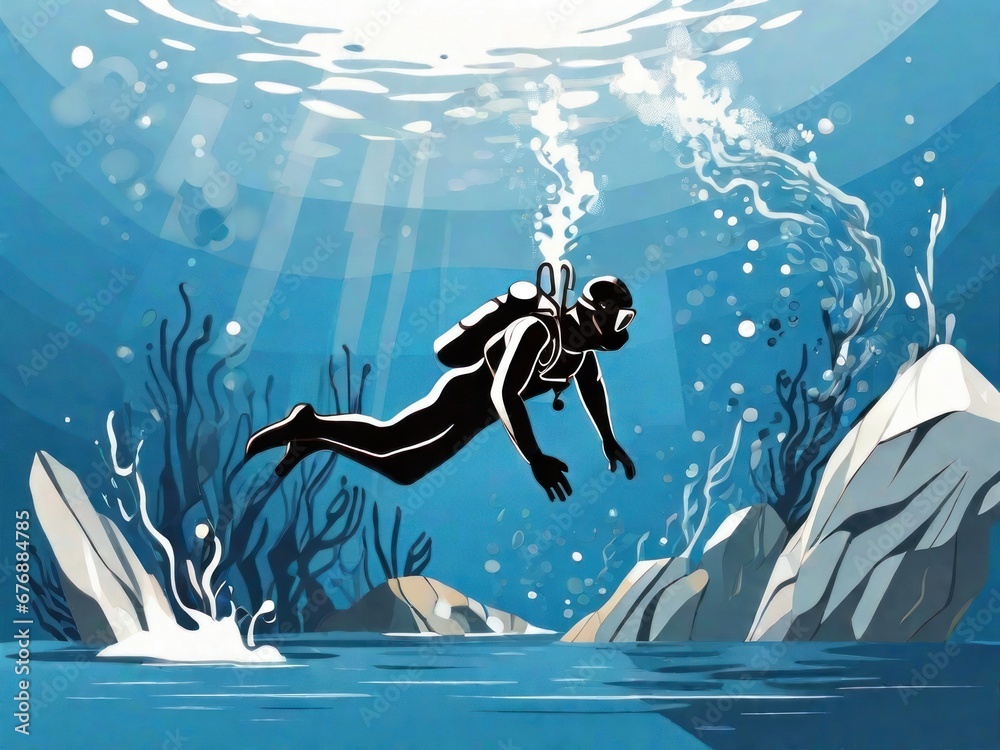 2d diving in the ocean. Commercial divers, cartoon illustration Stock ...