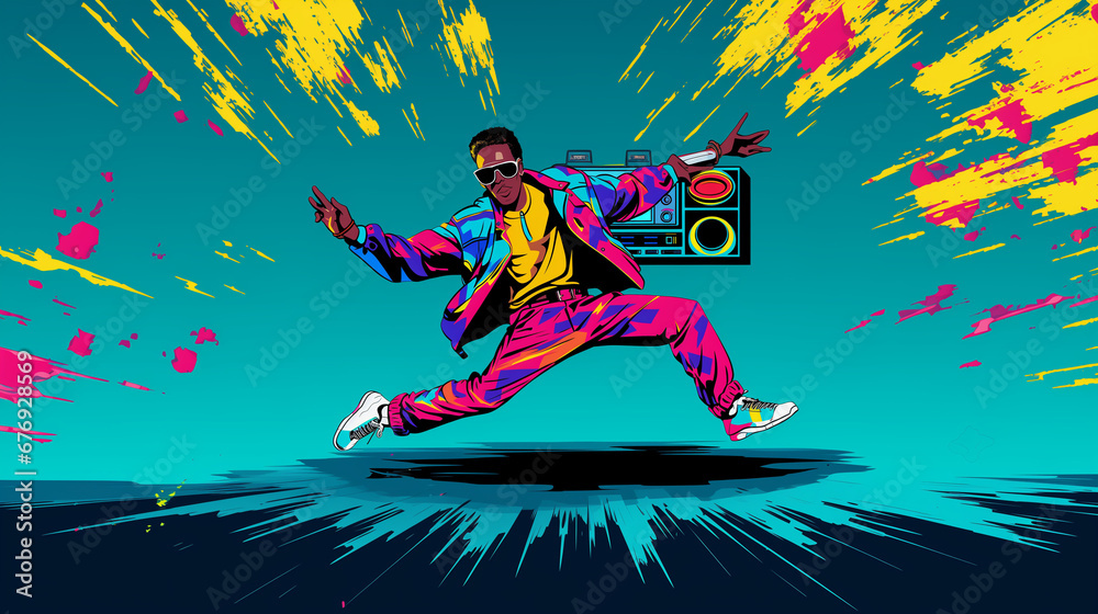 80s Funk Art Wallpaper with High-Flying Man holding a boom box in Neon ...