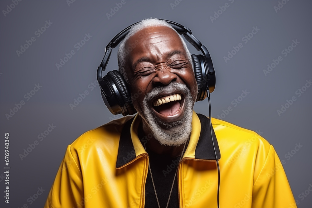 Homme noir senior, souriant, écoutant de la musique au casque avec un ...