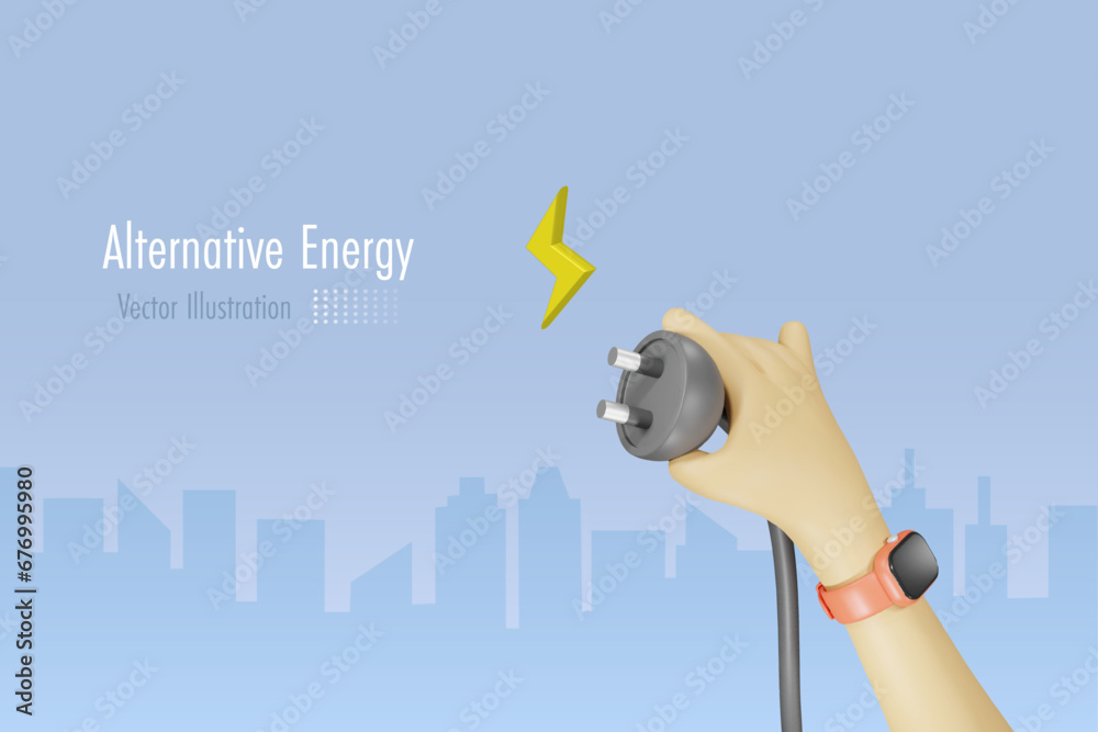 Hand unplug electric cord. Sustainable environment to save energy and ...