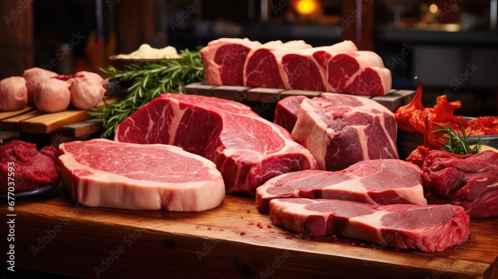 Different cuts of fresh raw red meat in supermarket, variety of prime ...