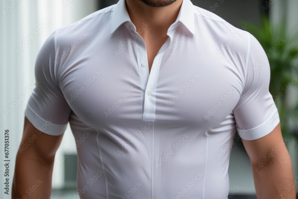 A man wearing skin tight shirt outlining his muscular body and rippling ...
