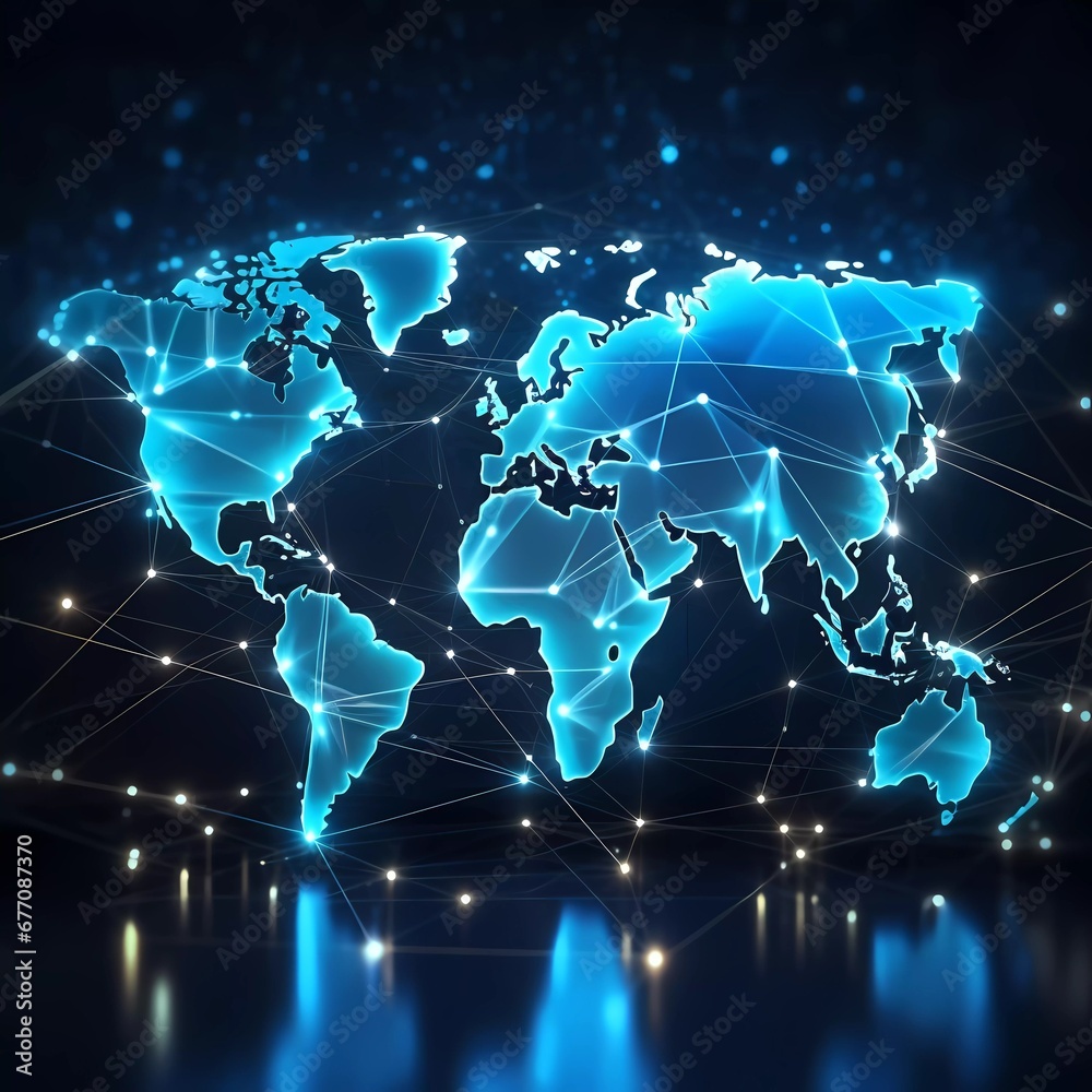 world map with technology background, glowing line symbols of internet ...