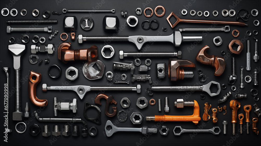 Square frame, arrangement of gears, nuts, bolts, wrenches, a place to ...
