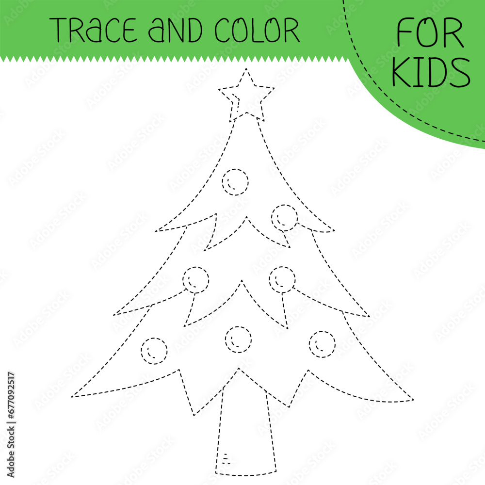 Trace and color coloring book with christmas tree for kids. Coloring ...