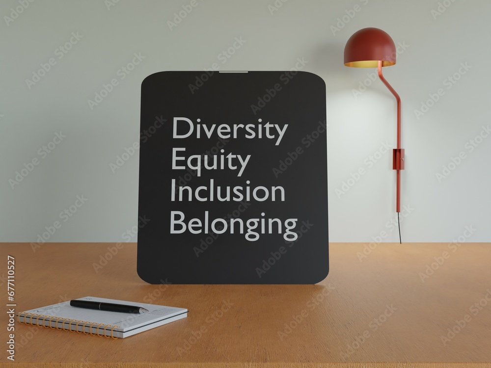 3D Diversity Equity Inclusion and belonging DEIB written on tablet on minimal office desk ...