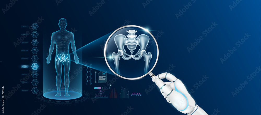 Doctor robot hand holding magnifying glass looking pelvis bone analysis ...