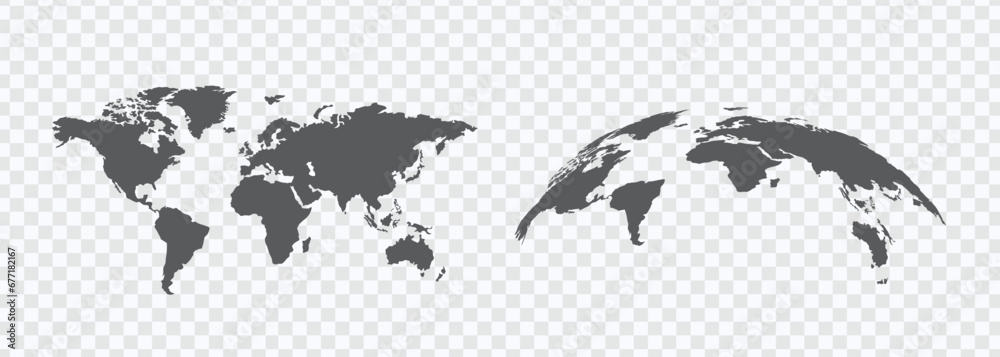 Spherical Gray World Map on Transparent Background. Global geography ...