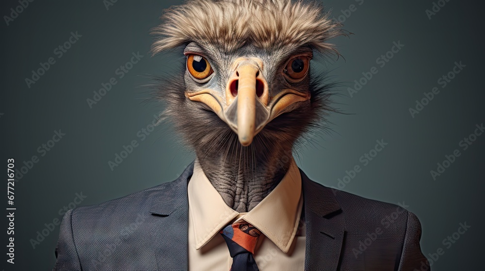 a man wearing a blazer and tie with an ostrich mask on his head, set ...