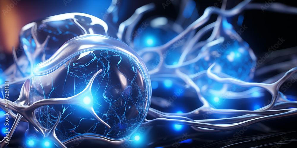 AI Illustration of neurons close-up, nerve node, neural network, brain ...