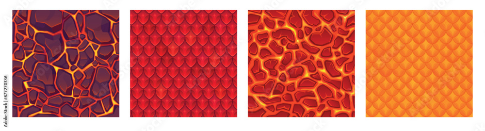 Dragon skin. Animal fire armour stone lava seamless pattern, red snake ...