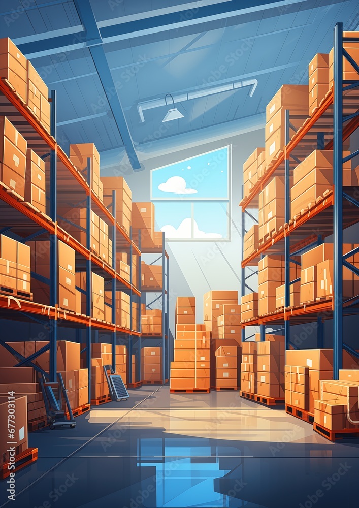 cartoon illustration warehouse boxes pallets panoramic imagery busy ...