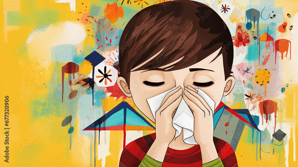 Illustration in bright colors as a painting with a portrait of a child ...