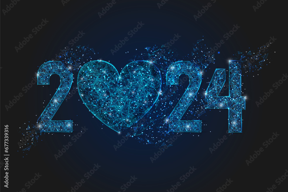 Abstract isolated blue image of new year number 2024. Polygonal low ...