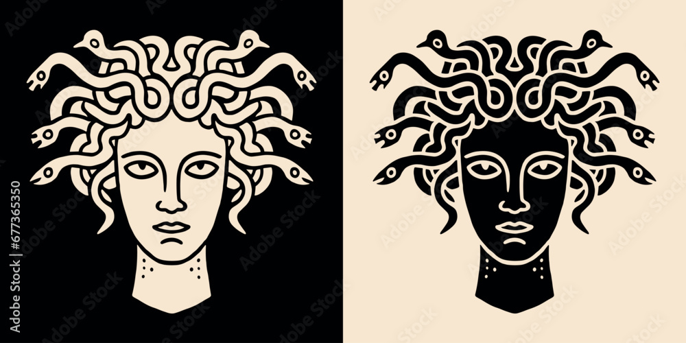 Medusa head minimalist portrait logo. Black and beige greek goddess ...
