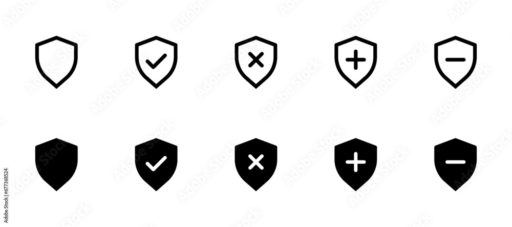 sheild icons. sheild verified, add, remove, minus icon. Editable Stroke ...