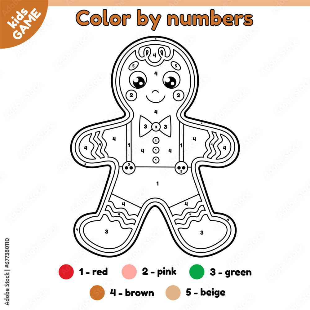 Kids game Color by numbers with gingerbread man. Page of the holiday ...